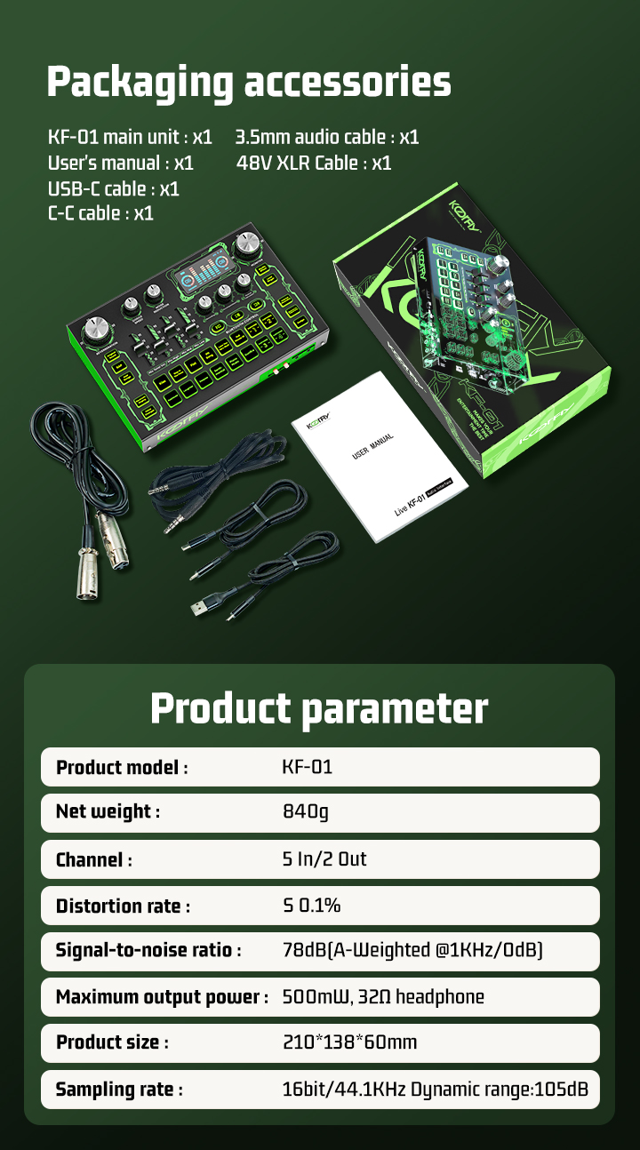 2025 New Model KOORFLY KF01 Sound Card DJ Mixer 48V Microphone Set ...