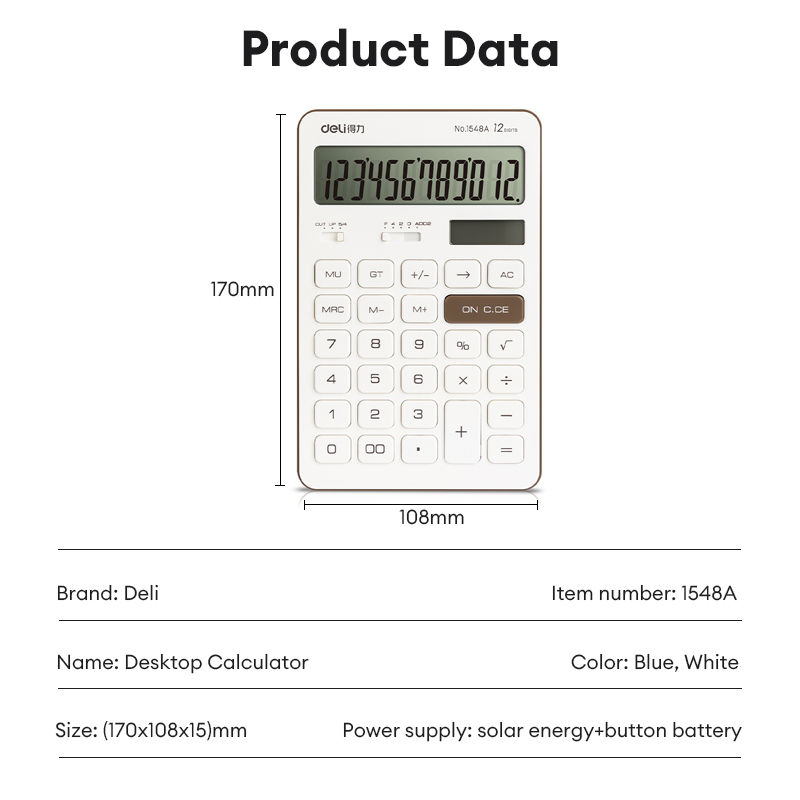 Deli 12 Digits Desktop Calculator Button Battery Solar Energy Power ...