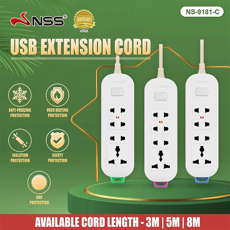 NSS Color Extension Cord 4 Gangs with 1 Switch 250V 2500W 3 Meters/5 Meters/8 Meters Outlet 9181 ...