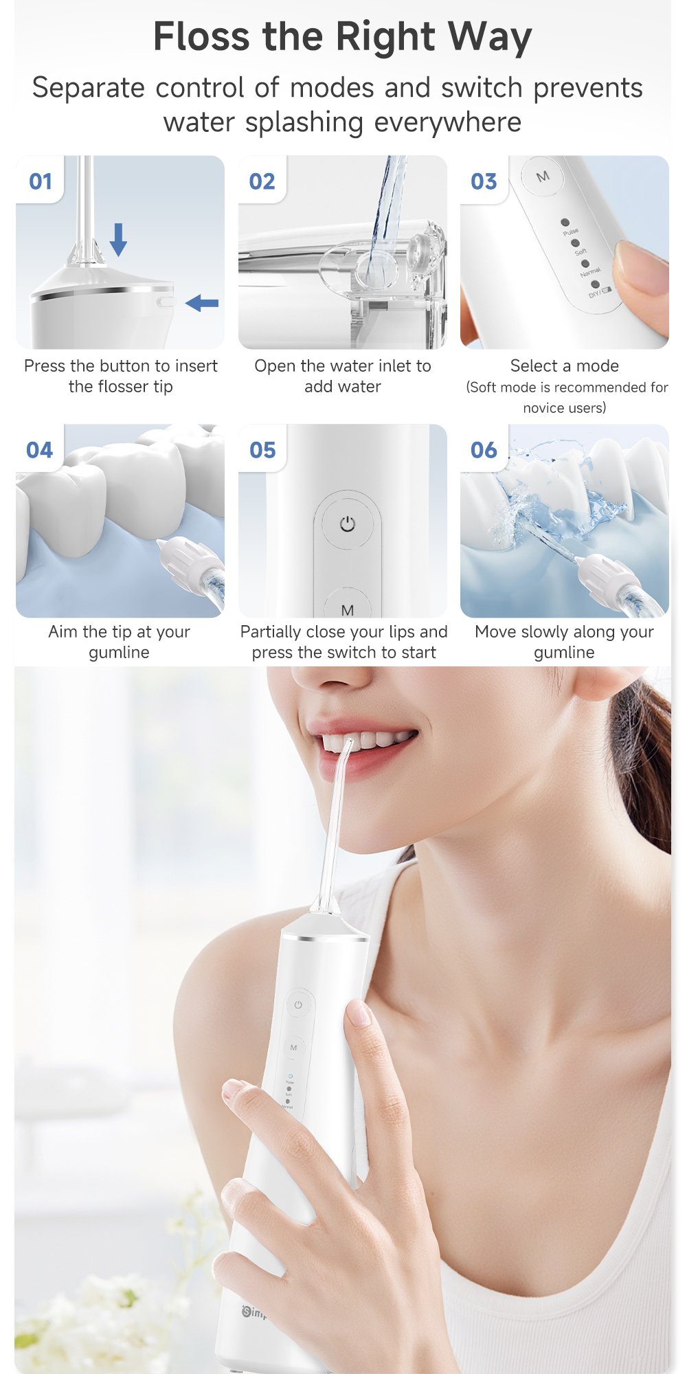 Simplus Water Flosser 4 Modes 55 Days of Battery Life 300mL ...