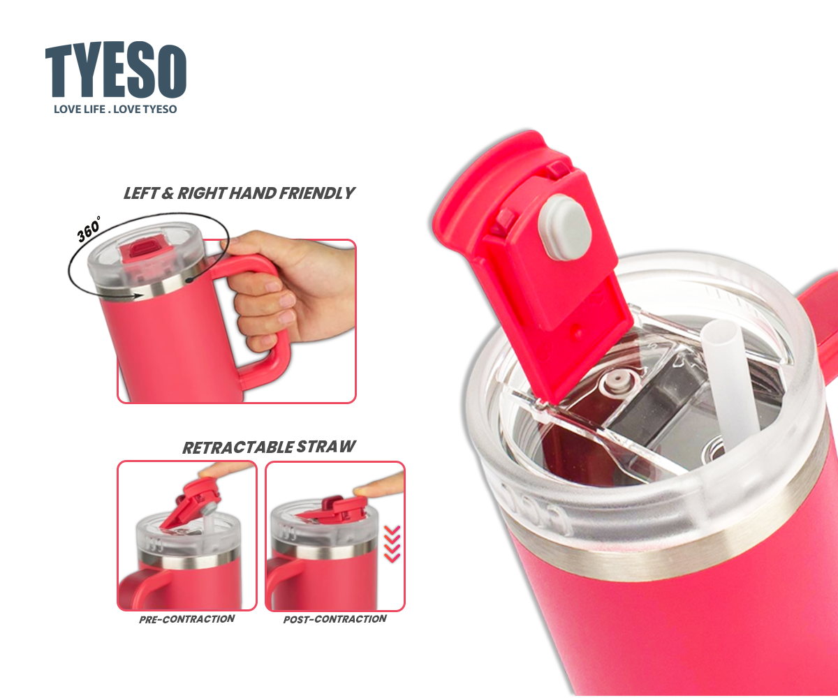 TYESO (30oz/40oz) Vacuum Insulated Tumbler with Handle & Straw in PINK | Shopee Philippines