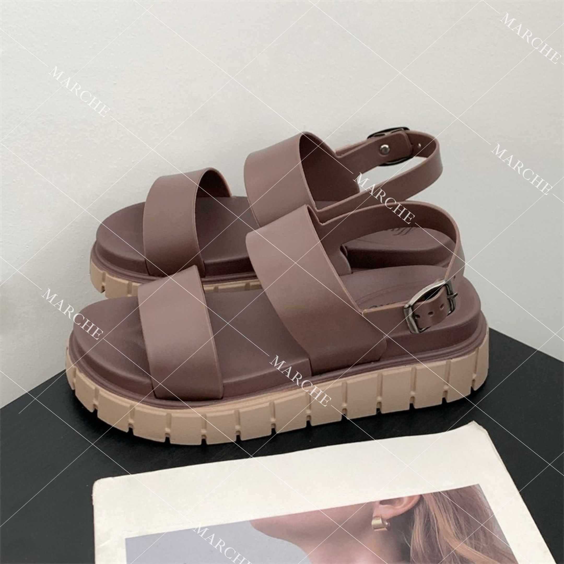 Marche New Thick-Soled Two Strap Slope Heel with Adjustable Buckle ...