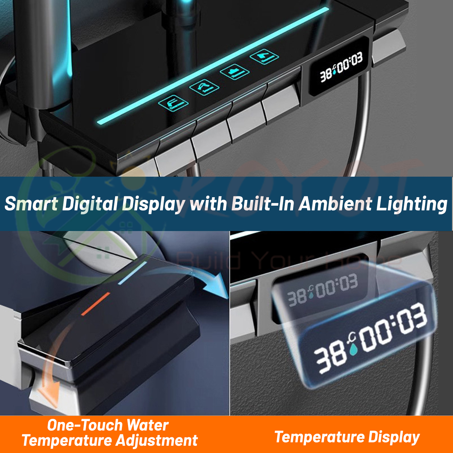 KOYOT Ambient Light & Digital Display Hot and Cold 4 in 1 Shower Set with Faucet Bidet Rain ...