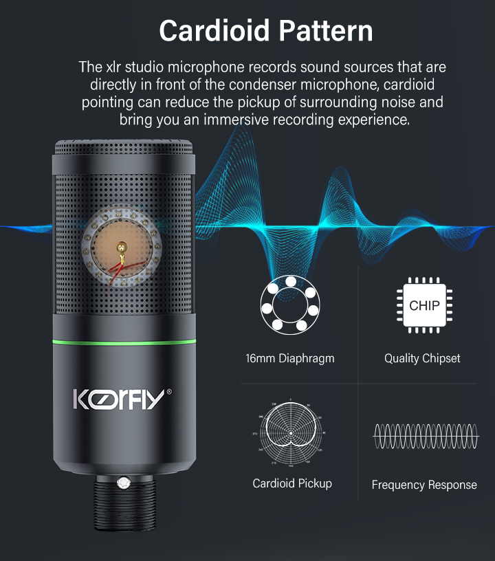 KOORFLY 48V XLR Condenser Microphone ZX320 Professional Cardioid Studio Mic Kit For Recording ...