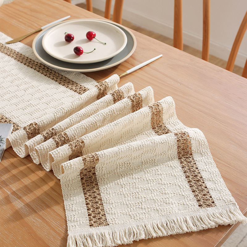 Table Runner Cotton Linen Table Flag 4/6/8/10 Seater Stripe Stitched ...