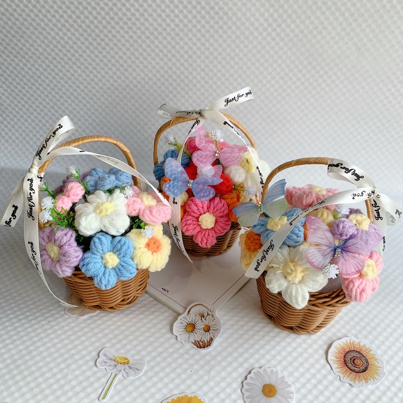 Crochet puff flower basket florist for girlfriend birthday gift for ...