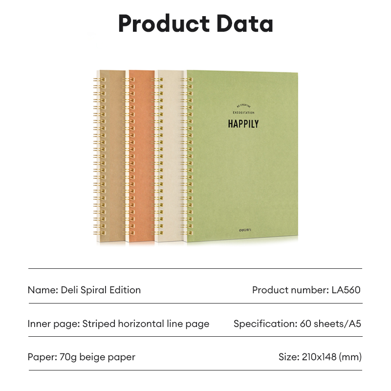 Deli 5PCS Thick A5 Spiral Notebook 60 Sheets Student Line Hardbound ...
