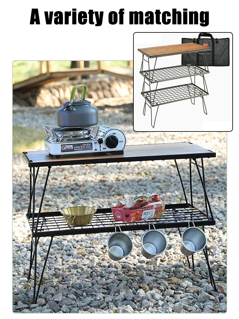 Multipurpose Camping Black Steel Table Stacking Storage Rack Foldable ...