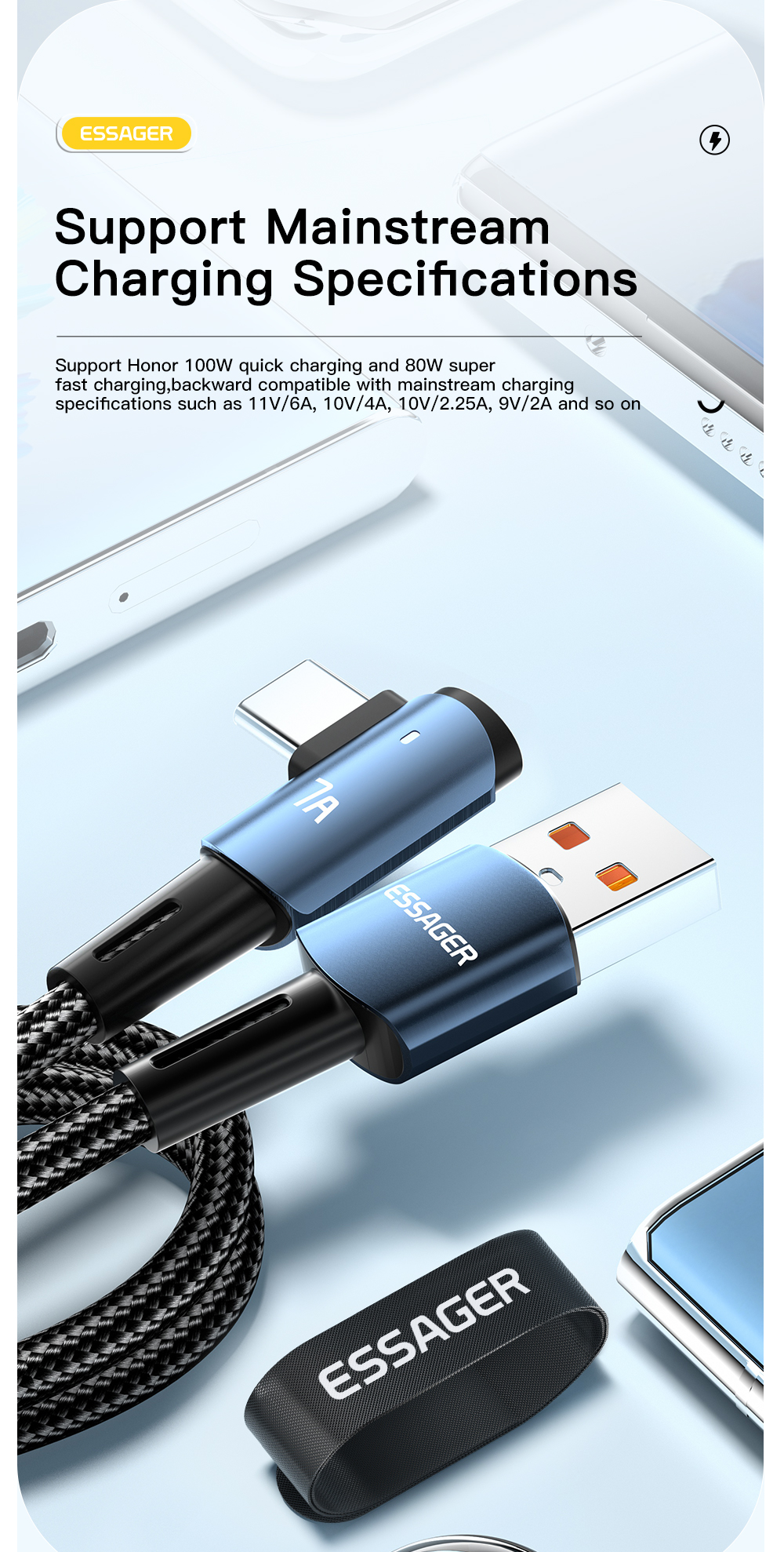 Essager 100W Elbow USB To Type C Cable | 7A High Current Type C Cable Fast Charing For Huawei ...