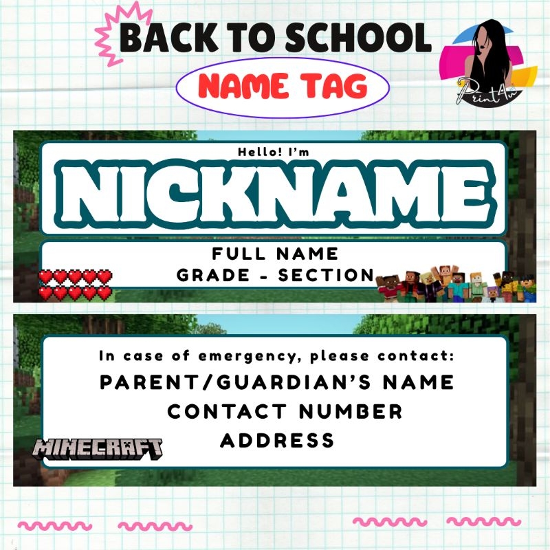 Name Tag Minecraft Laminated - Nameplate for students Back to school ...