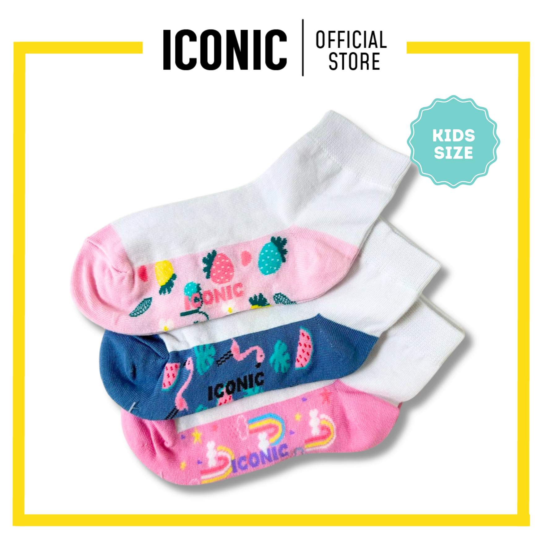 Iconic Socks Kids Basic 3 in 1 White School Socks Flamingo Set Design ...