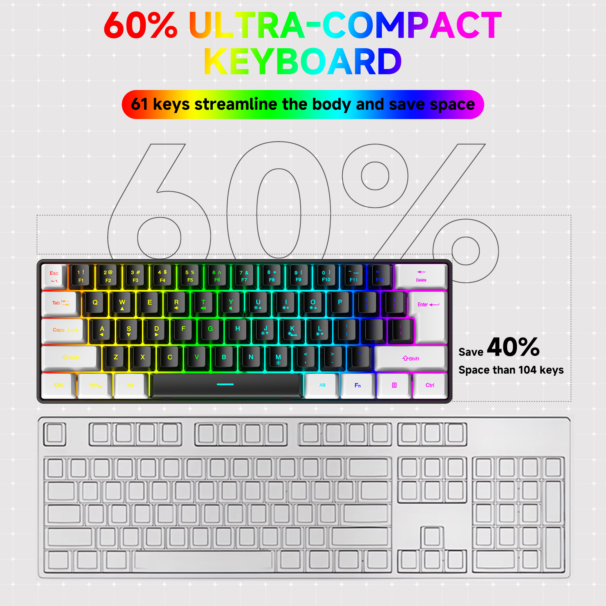 61-key RGB Membrane Keyboard Set Colorful MINI Black And White Gaming ...