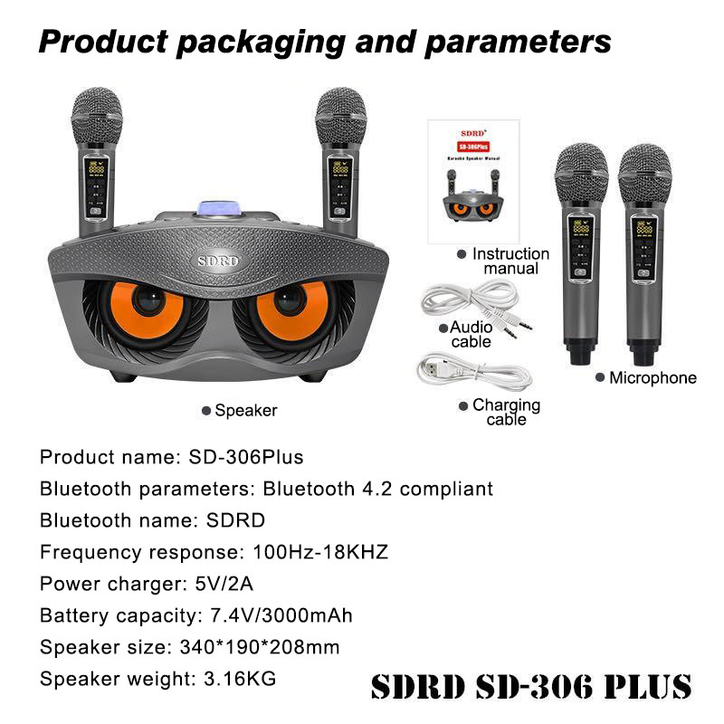 SDRD SD-306 Plus Wireless Bluetooth Dual Microphone Karaoke Speaker - Portable 3D Stereo Sound ...