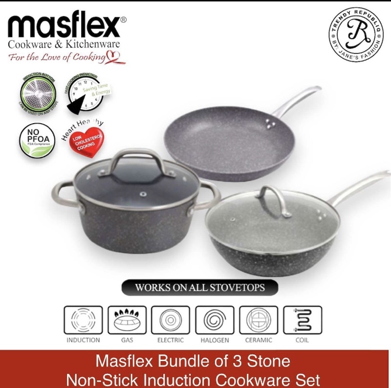 Masflex Original Bundle of 3 Stone Forged Induction Non-Stick Cookware ...