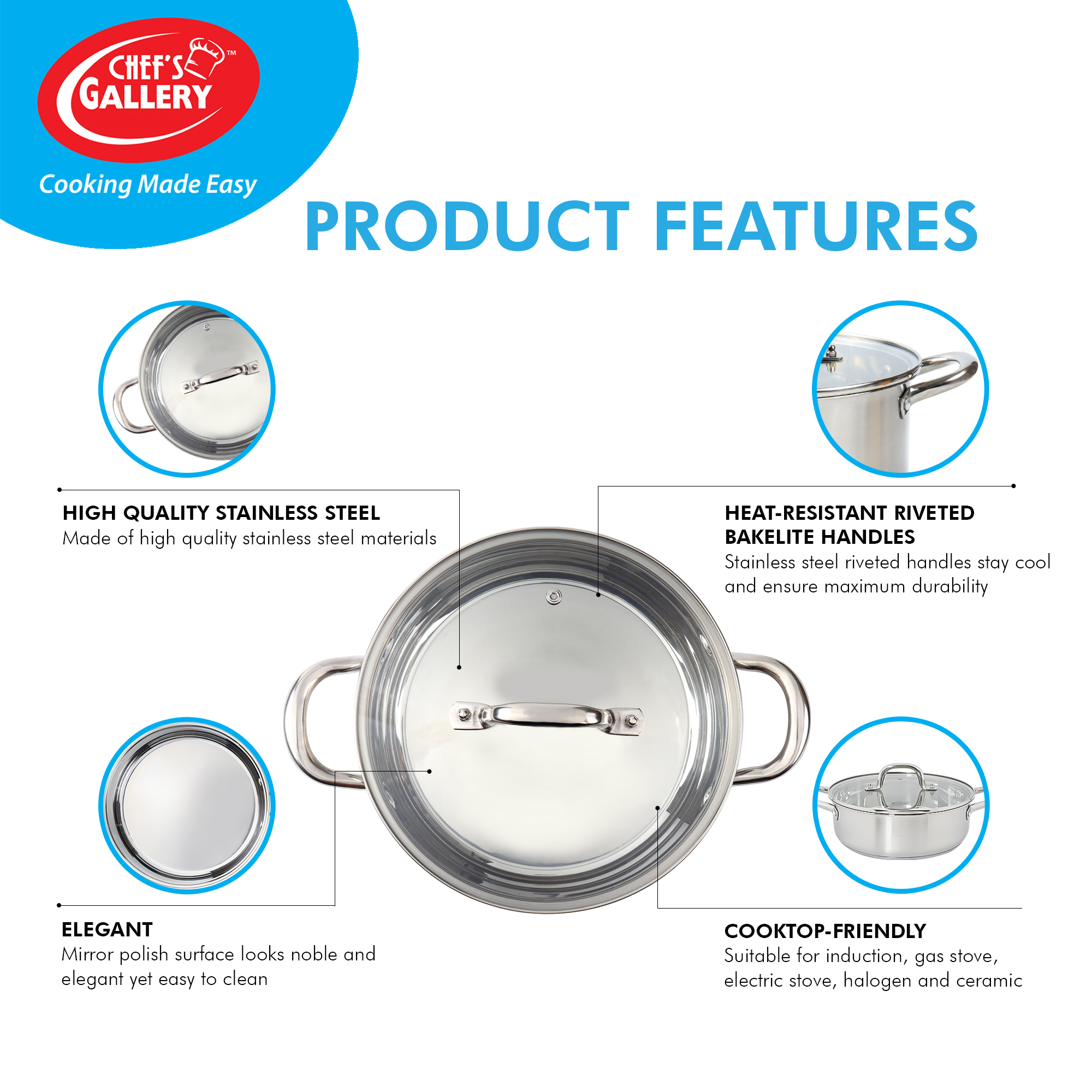 Chef's Gallery Stainless Steel Low Casserole 24cm (Brown Box) Induction ...