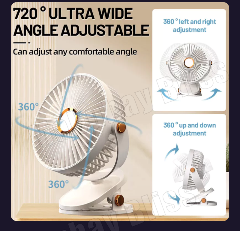 USB Rechargeable Clip Fan with Night Light 5-Speed Adjustable 720 ...