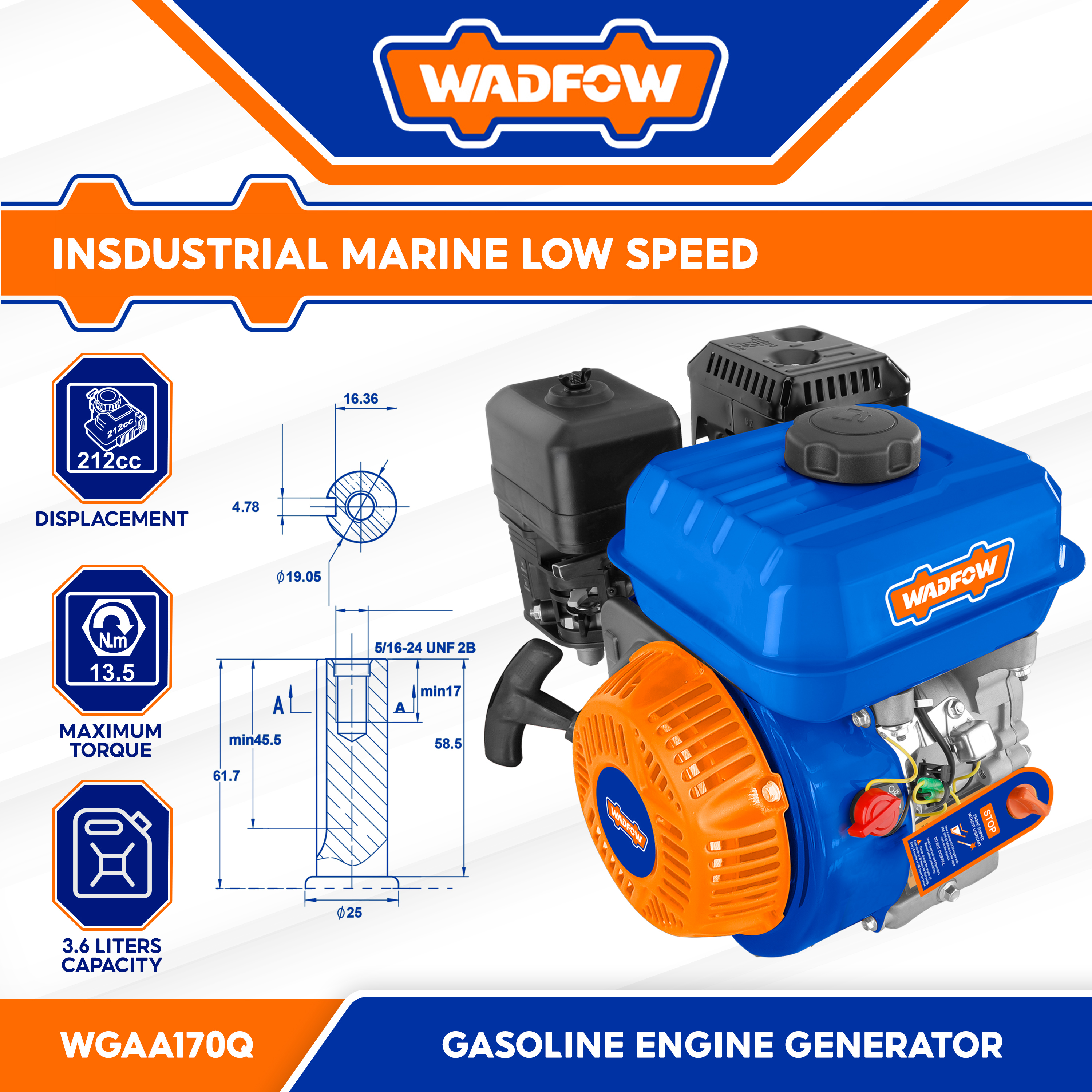 Wadfow WGNAA170Q 7.0HP 4-stroke Industrial Marine Low Speed Gasoline ...
