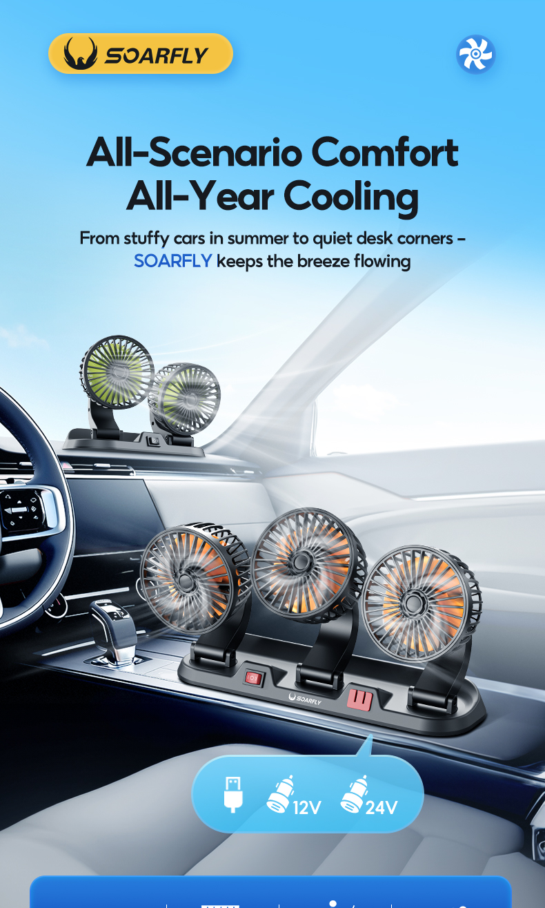 SOARFLY Double-Headed Car Fan 12V/24V Adjustable ABS with Enhanced ...