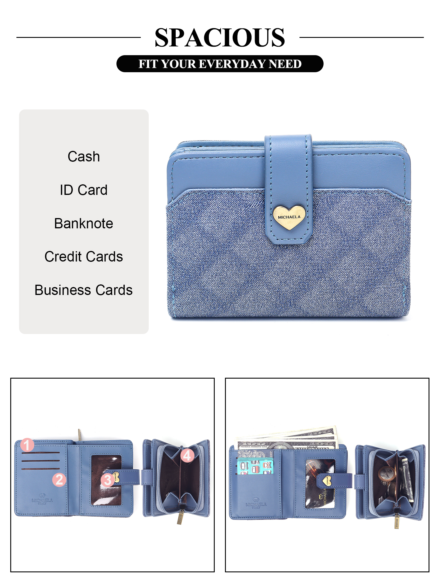 MICHAELA Checkered Denim Short Wallet Bronze Heart Snap Efficient Cards ...