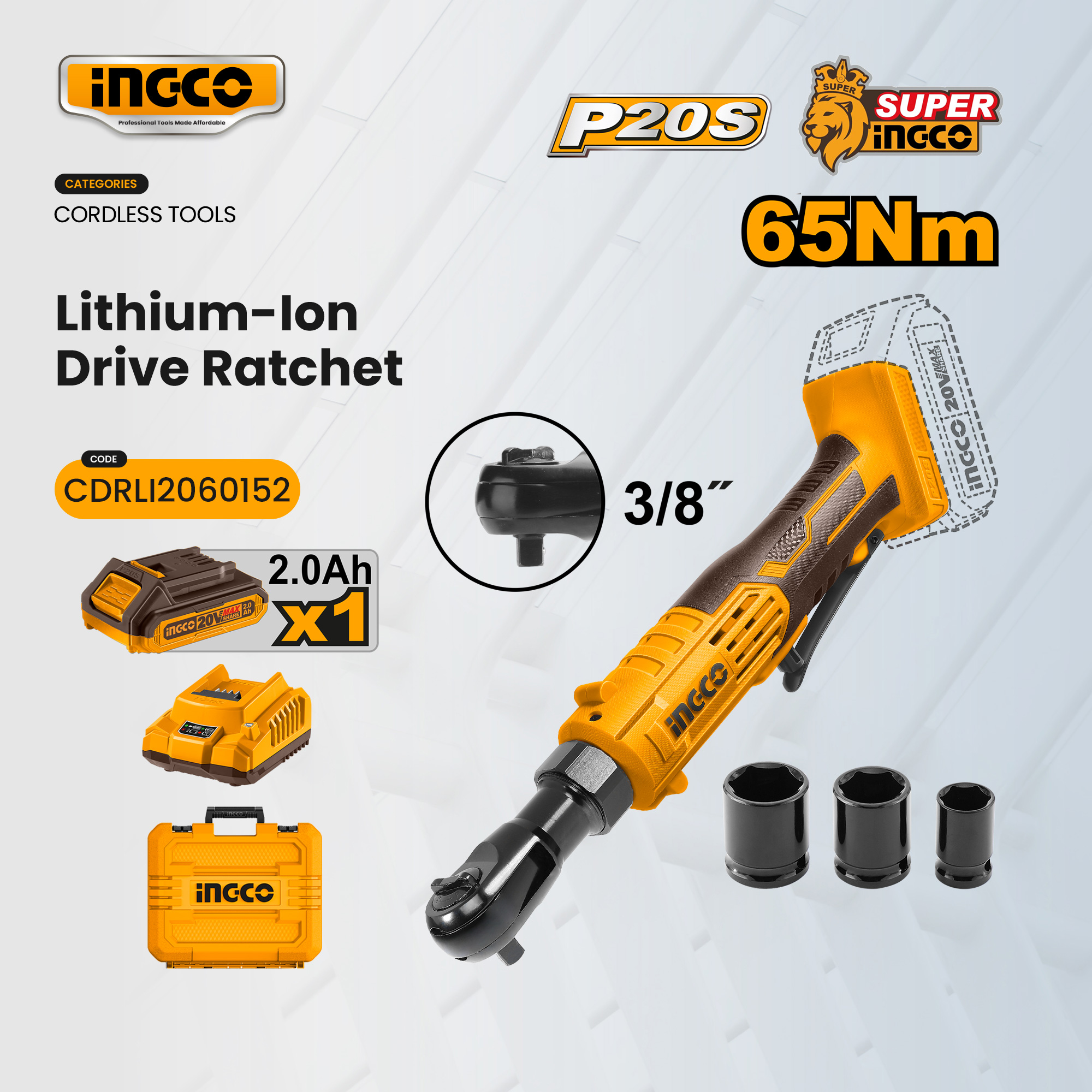 Ingco 20V Lithium-Ion Drive Ratchet with 3pcs Sockets, Battery and ...