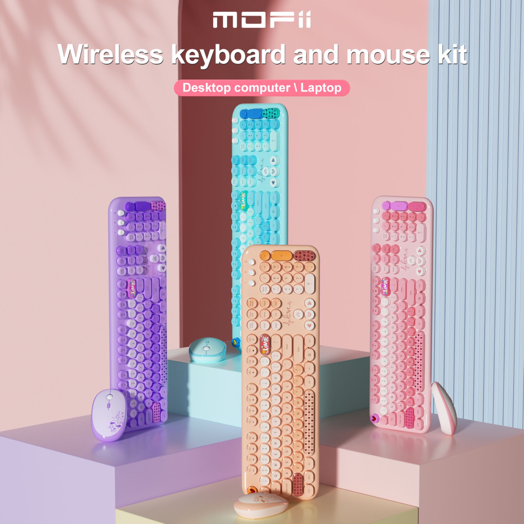 MOFII Lovely wireless keyboard & mouse set Lovely Design keycaps Silent ...