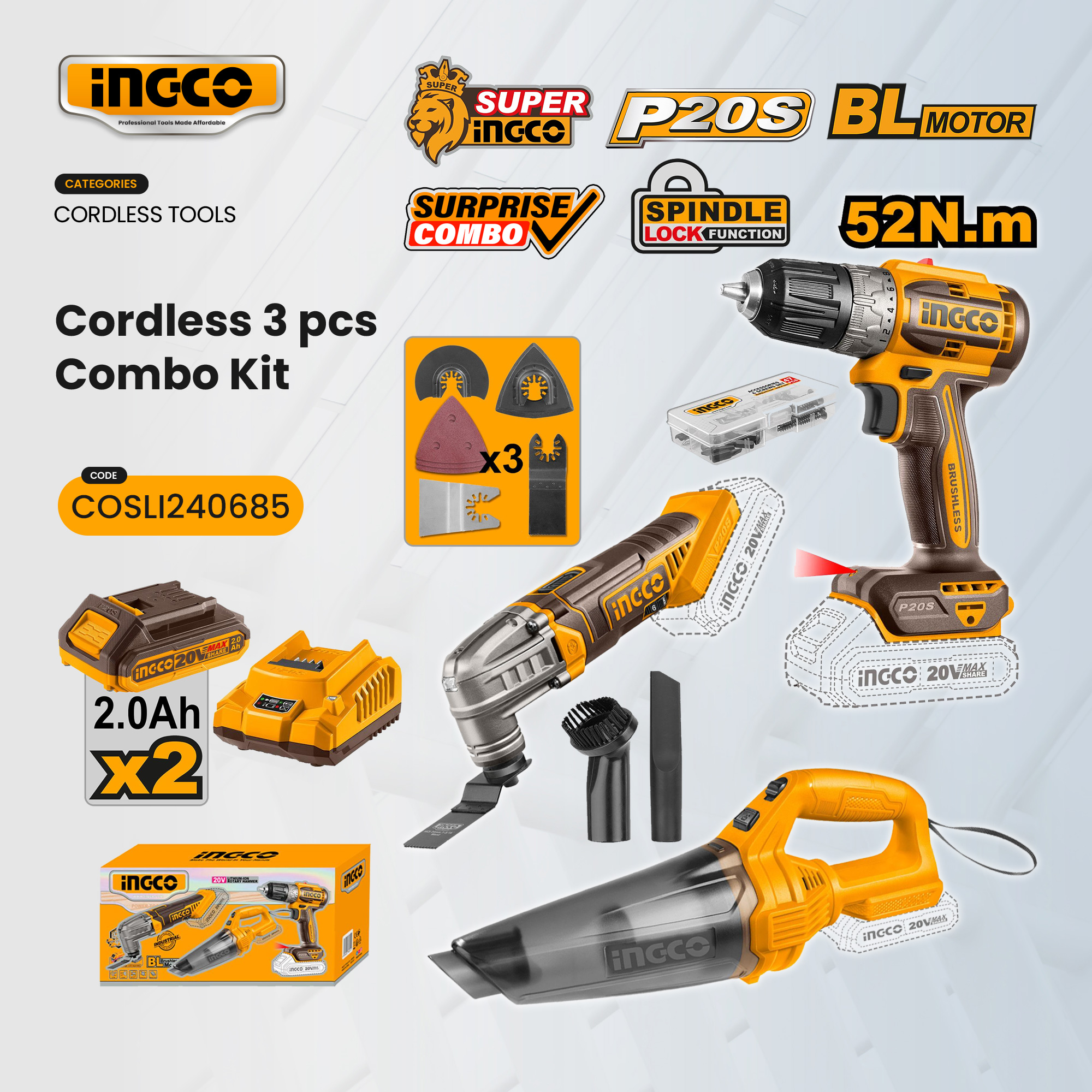 Ingco 3pcs Combo kit Set 20V Brushless Cordless Drill/Vacuum Cleaner ...