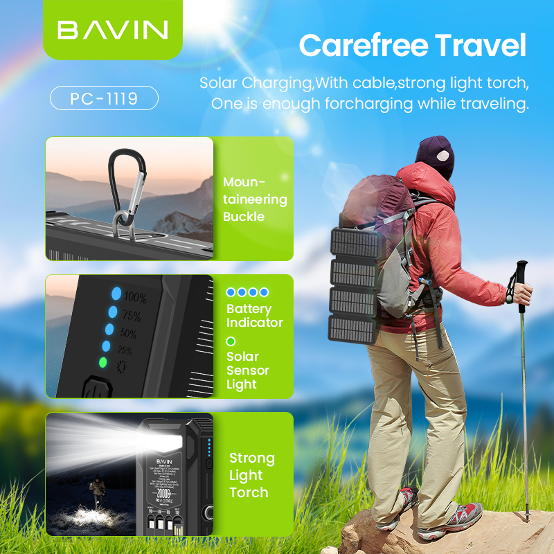 BAVIN PC1119 20000mAh Solar Charging Powerbank Built-In Cable Wireless Charging w/ Waterproof ...