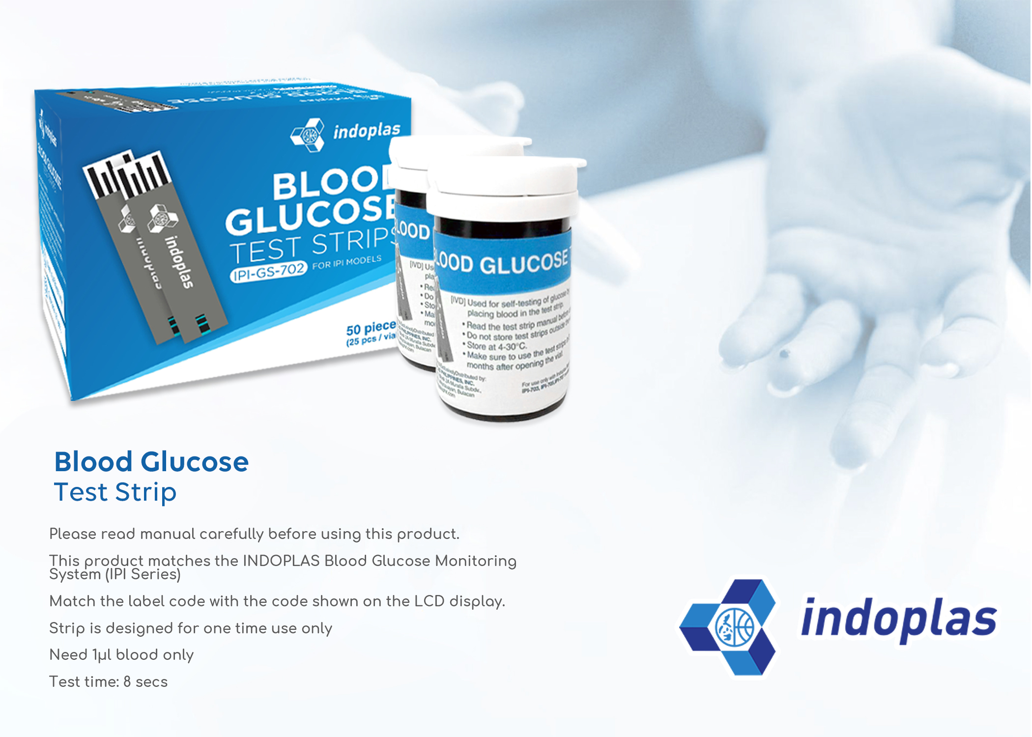 Indoplas IPI-GS-702 Blood Glucose Meter Glucometer Test Strips - 50 pcs ...