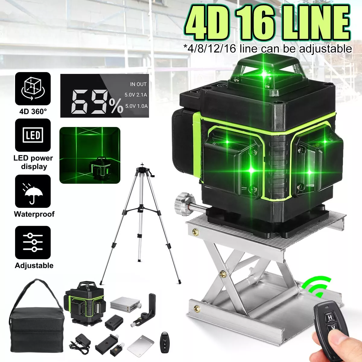 4D Green Light Laser Level with 360° Rotation,16-Line Cross, Self ...