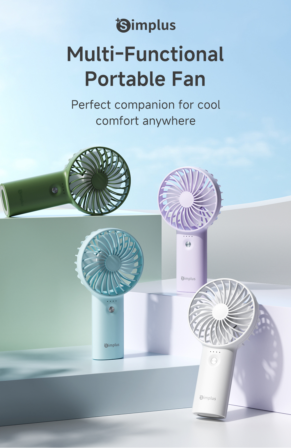 Simplus Mini Fan Rechargeable Handheld 3-Speed Adjustable Purple/Blue ...