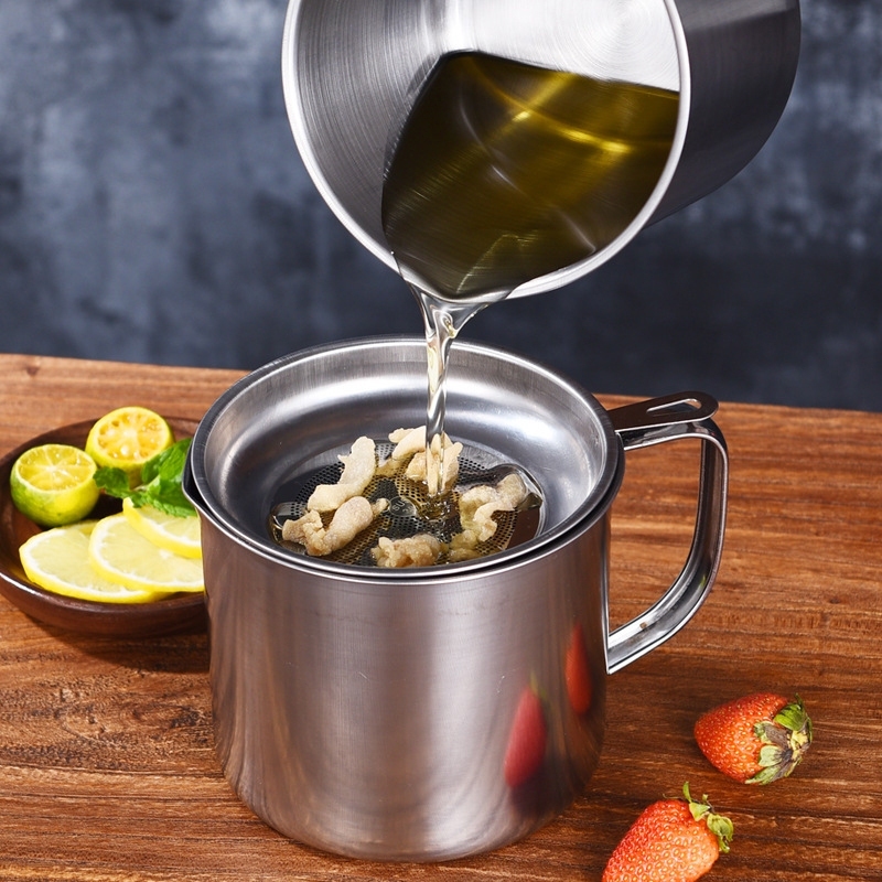 1.3L 304 Stainless Steel Oil Strainer Pot with Lid Filter Cooking Oil ...