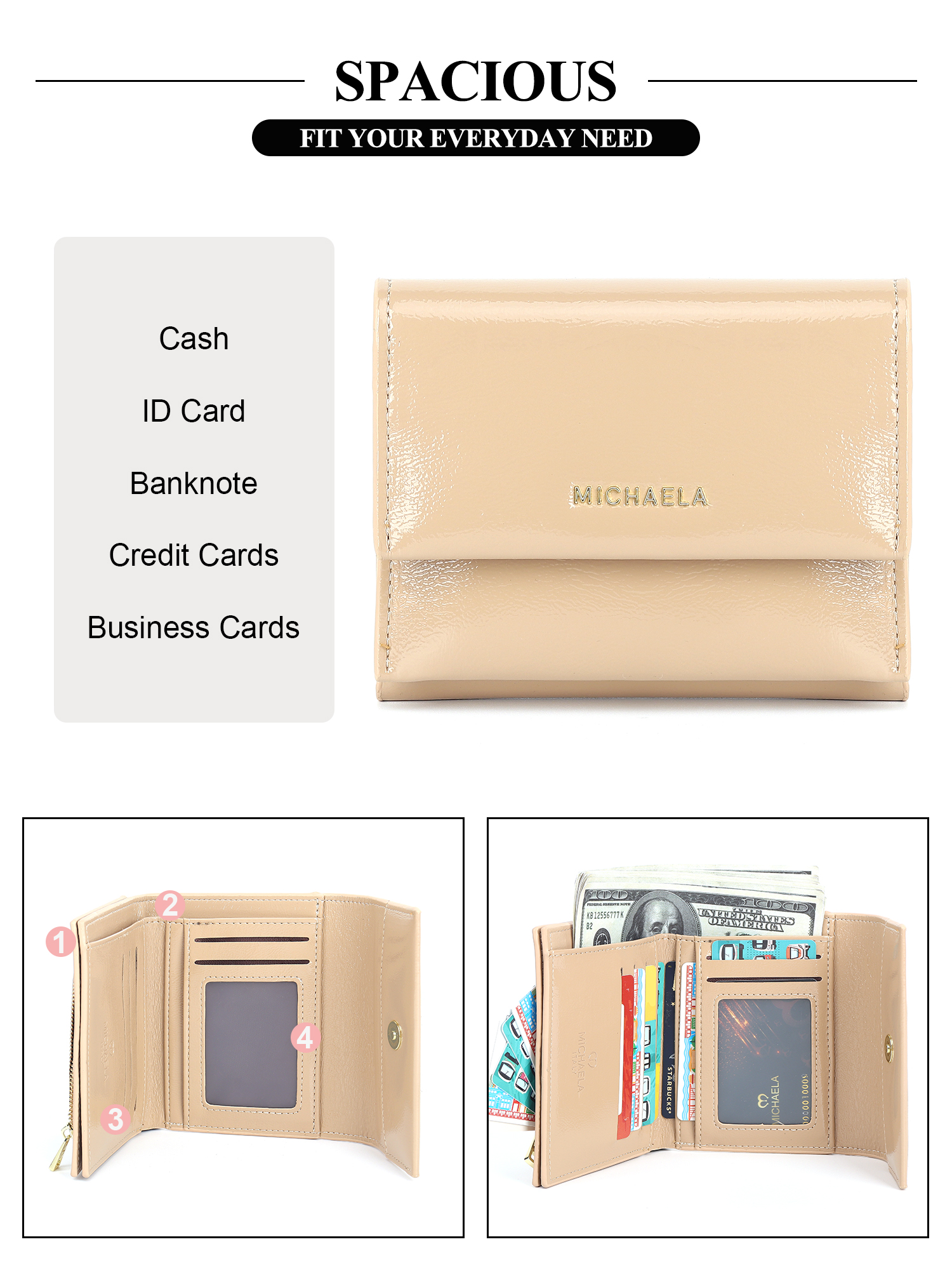 MICHAELA Glossy Minimalist Short Wallet 8 Card Slots Spacious Chic for ...