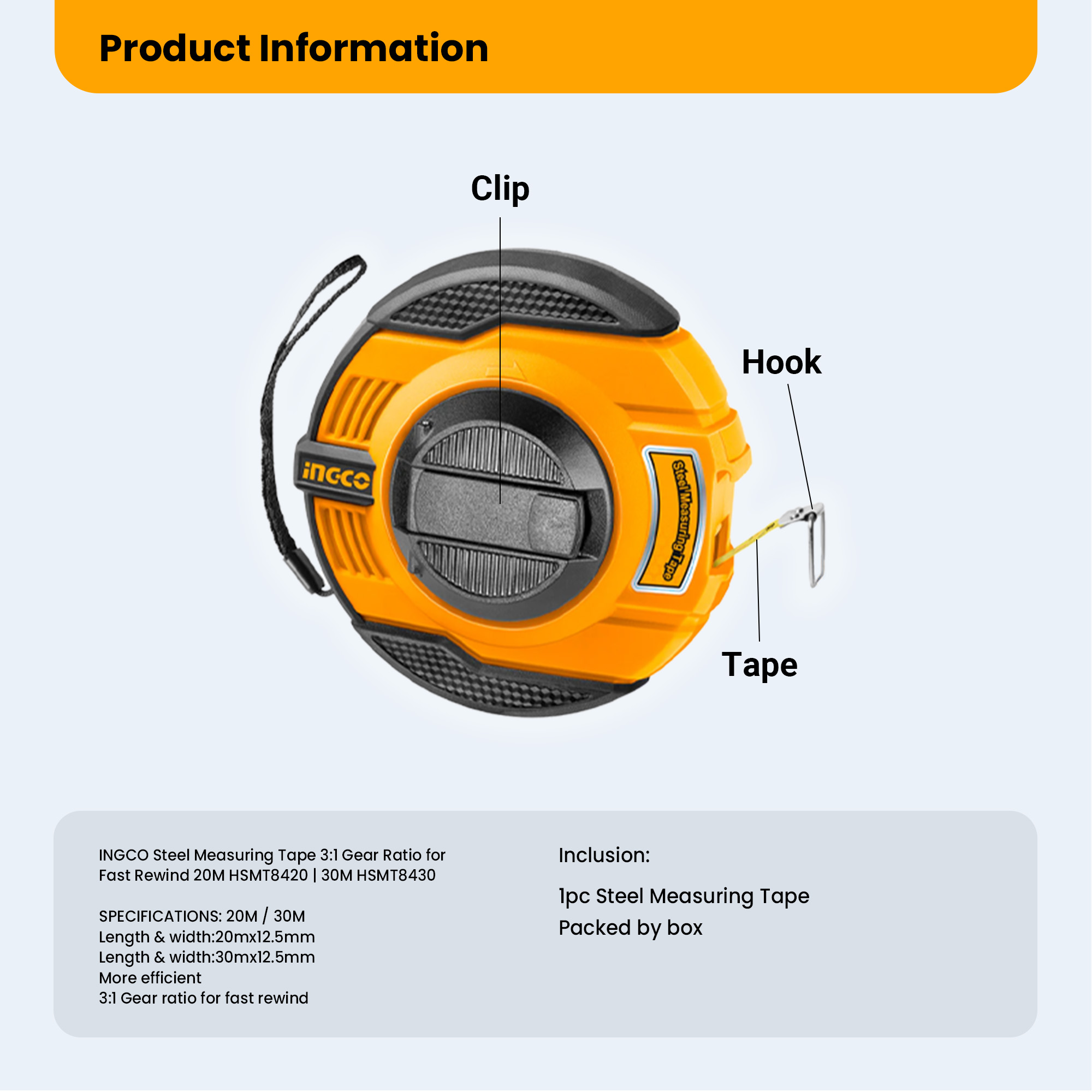 Ingco 20mx12.5mm Steel Measuring Tape Metric/Inch Marking Ruler Dual ...