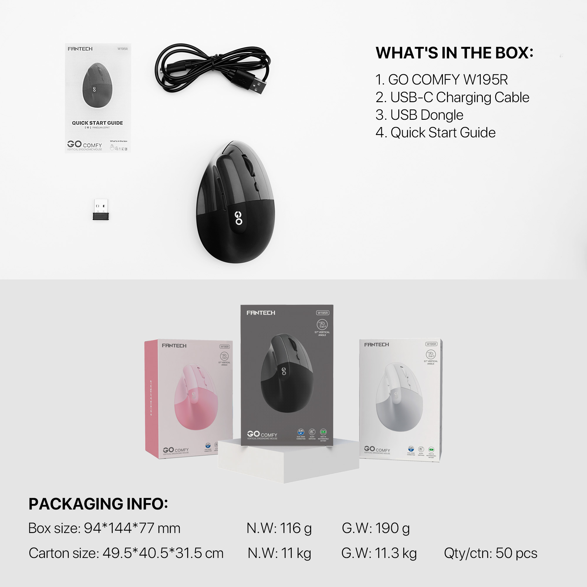 Fantech W195R GO Comfy Mouse Vertical Ergonomic Design Wireless ...