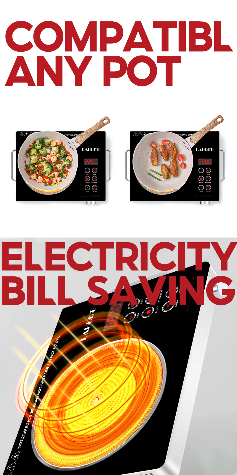 Lahome D480 Electric Ceramic Infrared Stove Timer Fast Heater Induction ...