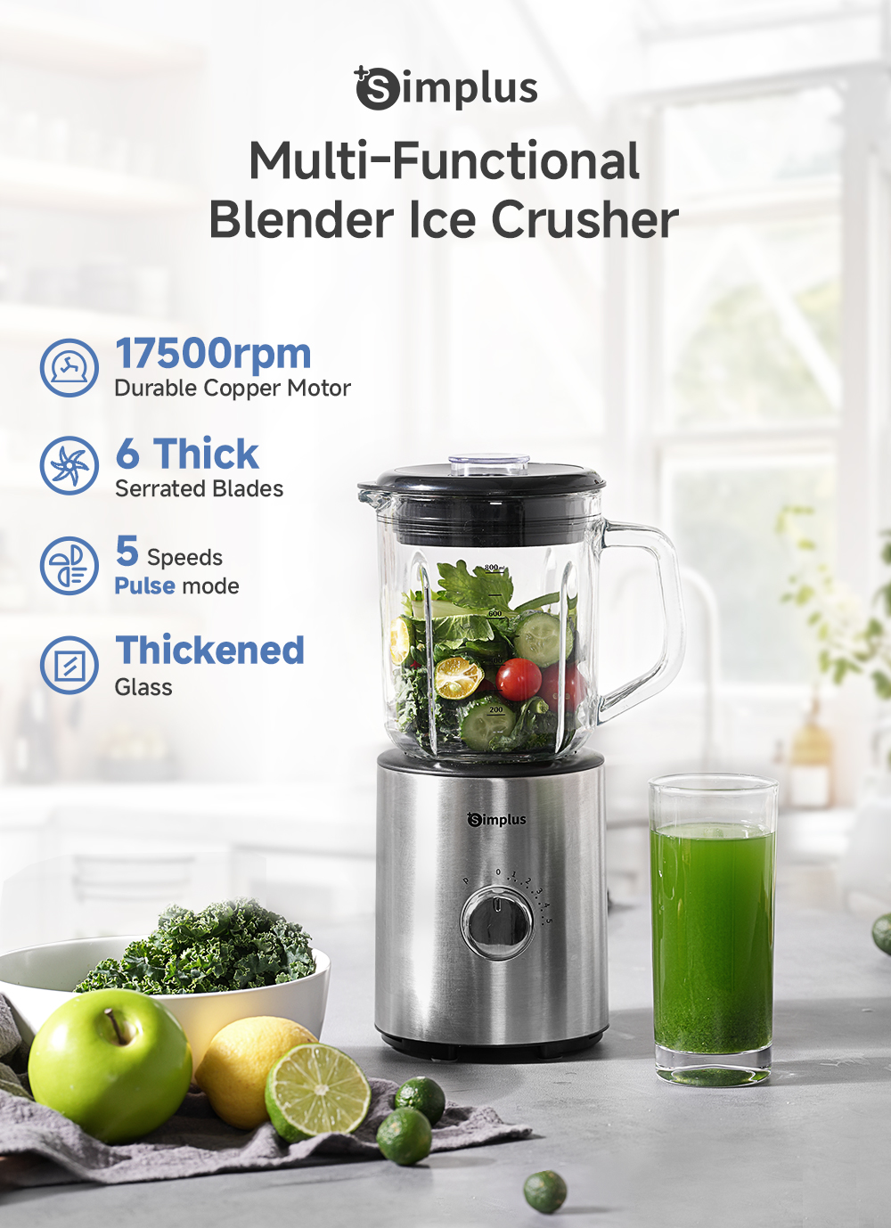 Simplus Smoothie Blender Juicer 5-Speed + Pulsing Option Blender for ...