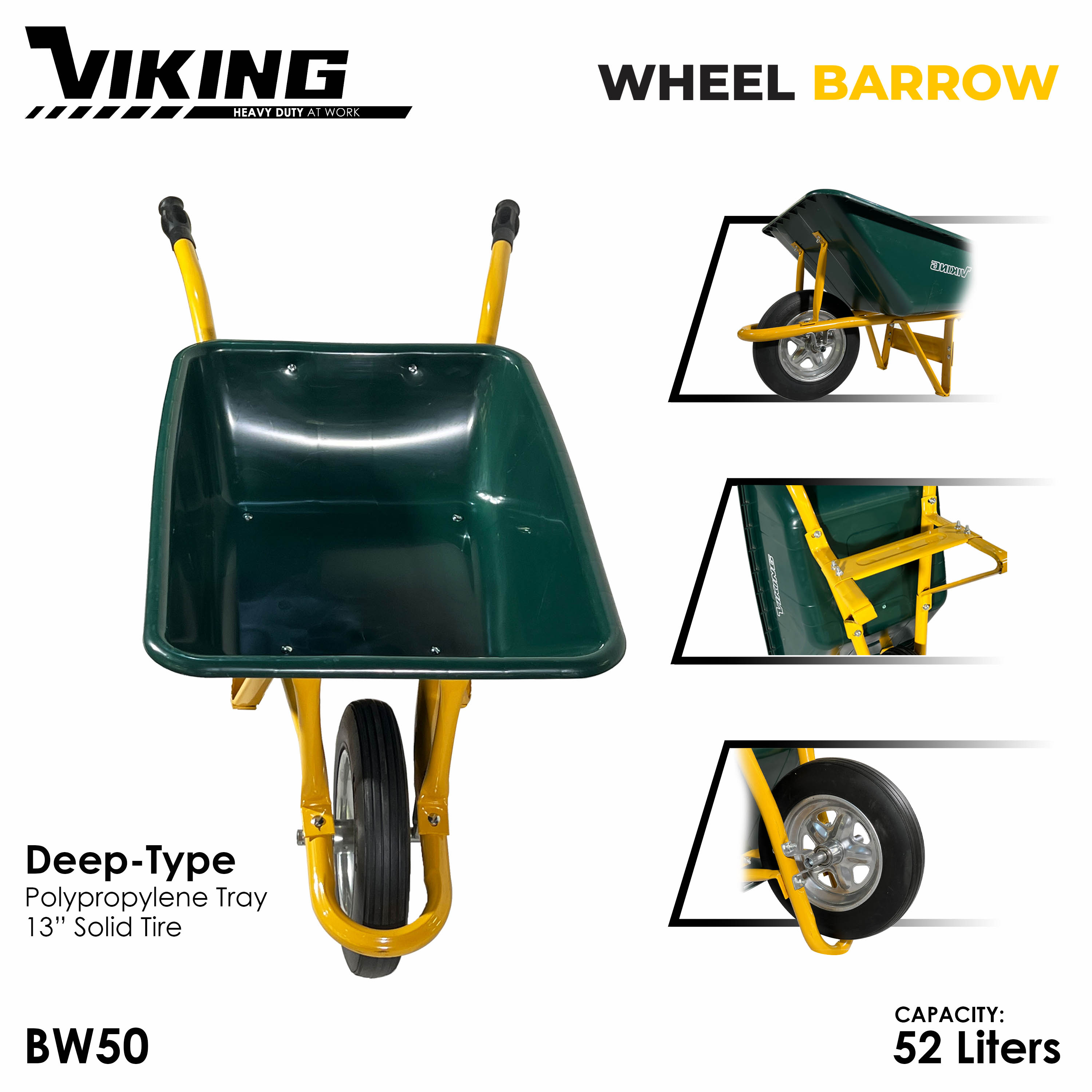 VIKING Wheelbarrow Polypropylene PP (Will not Rust) 13inch Solid Tire ...