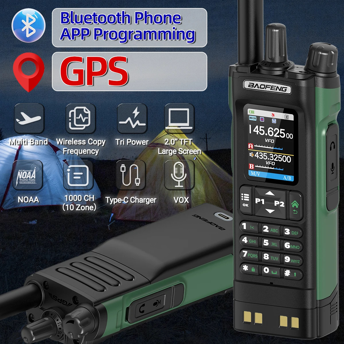 Baofeng UV-32 10W GPS Walkie Talkie Bluetooth Programming Two Way Radio Long Range Type-C ...