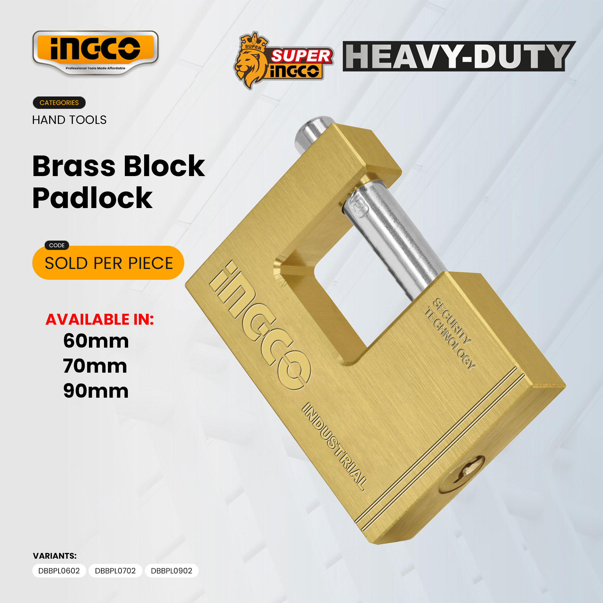 Ingco 60mm-90mm Heavy Duty Brass Block Padlock Anti-Theft High Security ...