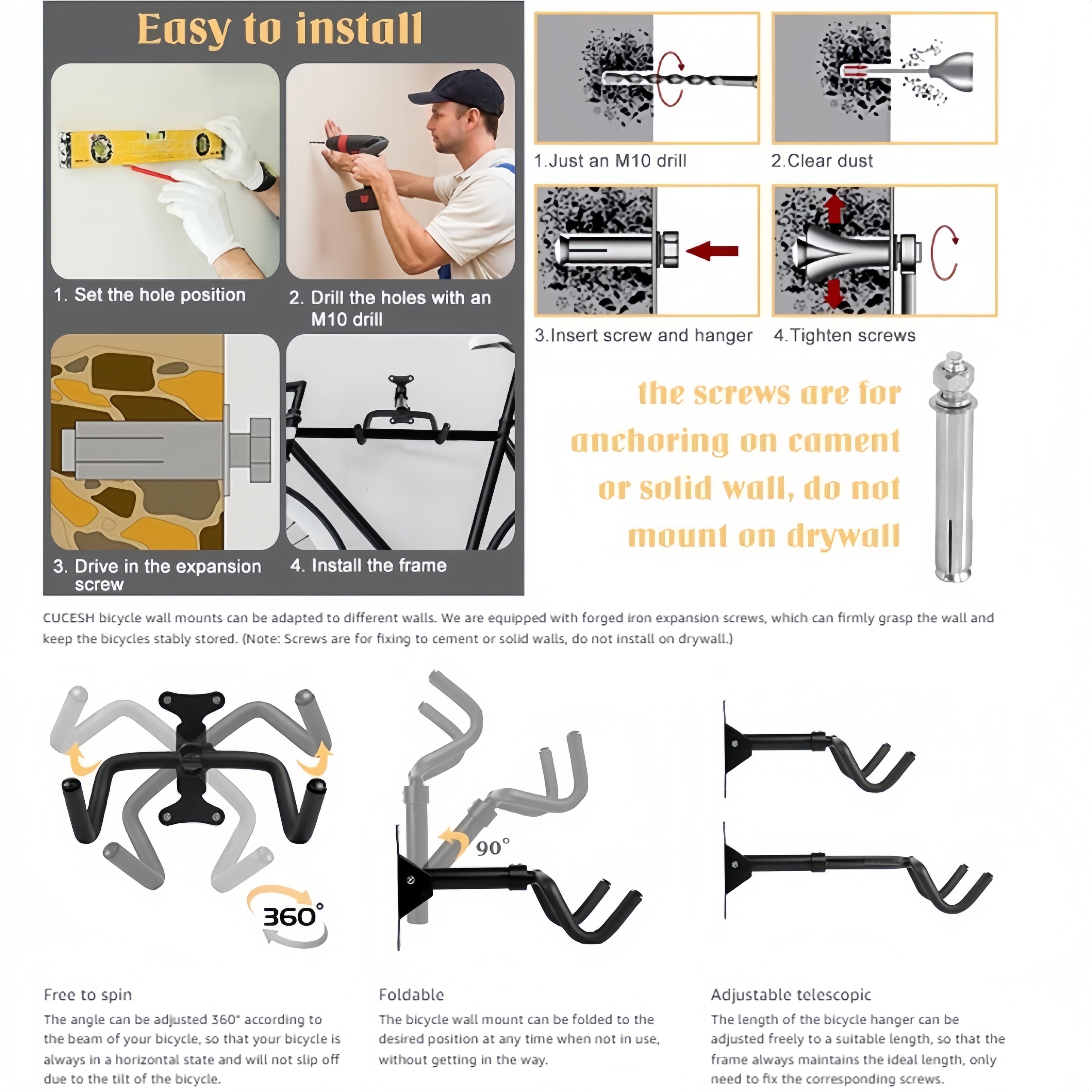 Bike Wall Mount Rack Bike Wall Hanger MTB Road Bike Hook Heavy Duty ...