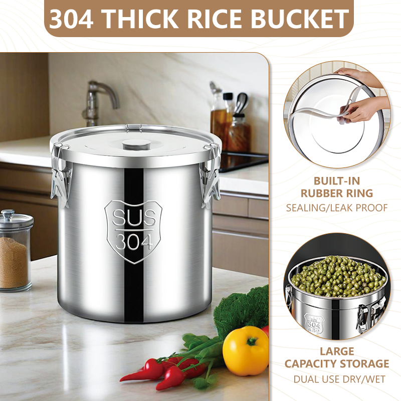 304 Thicken Stainless Steel Closed Rice Bucket With Lock Buckle Against ...