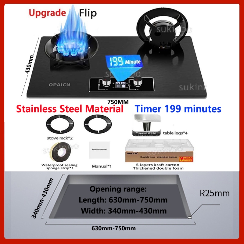 9KW Stainless Steel Gas Stove double burner Flip cover Surface Pot ...