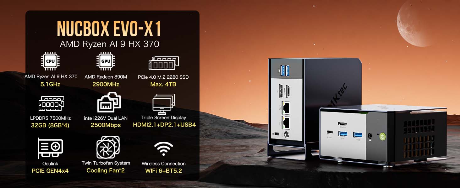 GMKtec EVO-X1 AI Mini PC AMD Ryzen AI 9 HX-370 32GB LPDDR5X 1TB SSD Windows 11 Pro USB4/Oculink ...