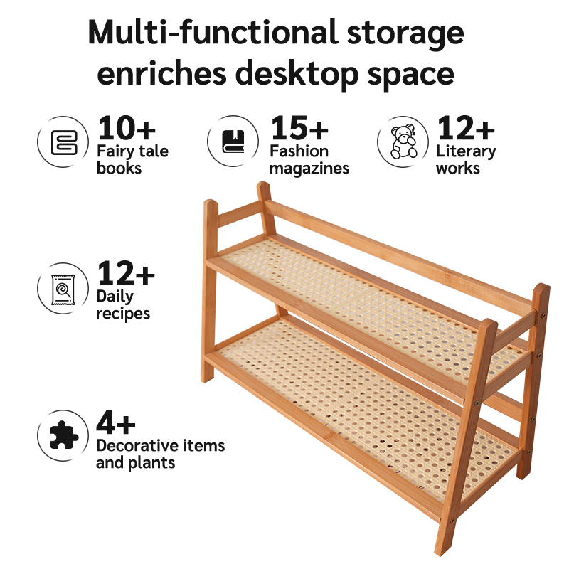 Storage Rack organizer Wooden Double-Layer Table Shelf Rattan Bedroom ...