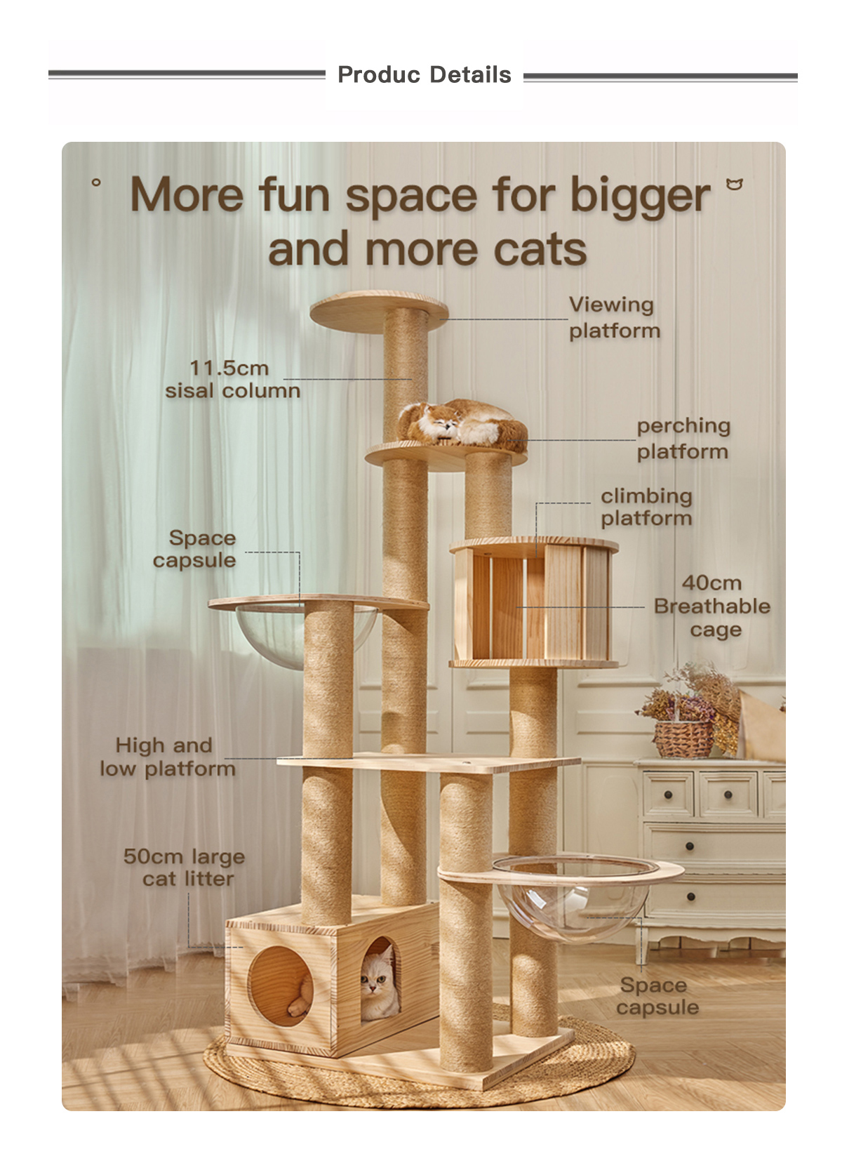Osti Luxury Dual Space Capsule Pine Wood Cat Tree for Multiple Cats All ...