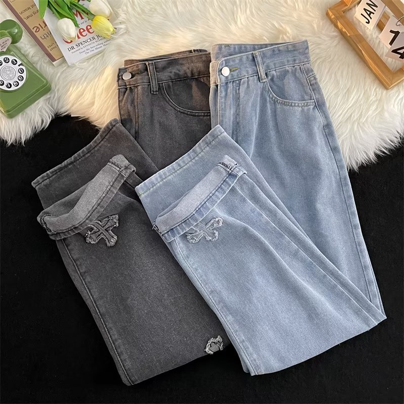 Jeans For Men Baggy Denim American Cross Printed Aesthetic Pants Washed ...