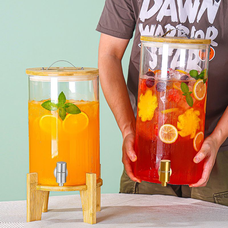 1.5L 2.5L 4L 5L Borosilicate Glass Lid Water Jug Dispenser with Wooden Stand Hot & Cold Pitcher ...