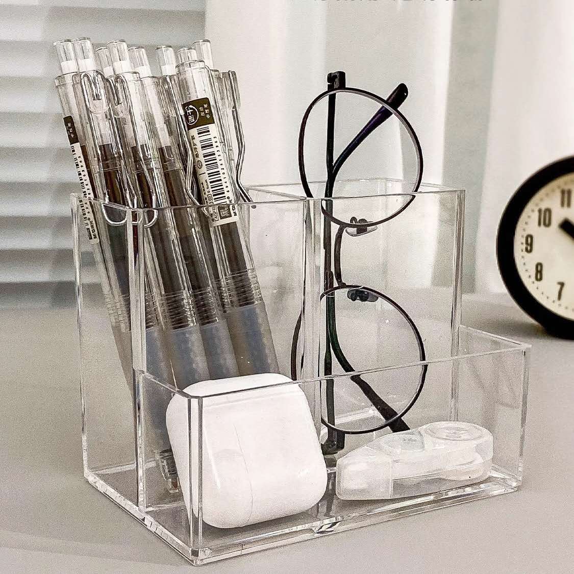 3-in-1 Clear Acrylic Pen Holder, Square Stationery Storage Rack, Large ...