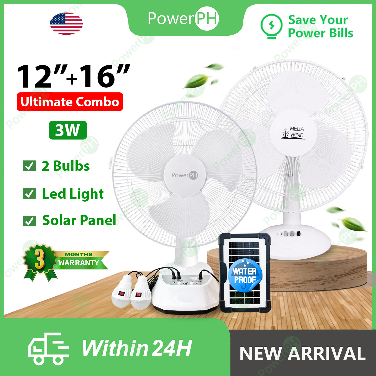 POWERPH 12 Inch 16 Inch Rechargeable Solar and Electric Desk Fan Combo ...