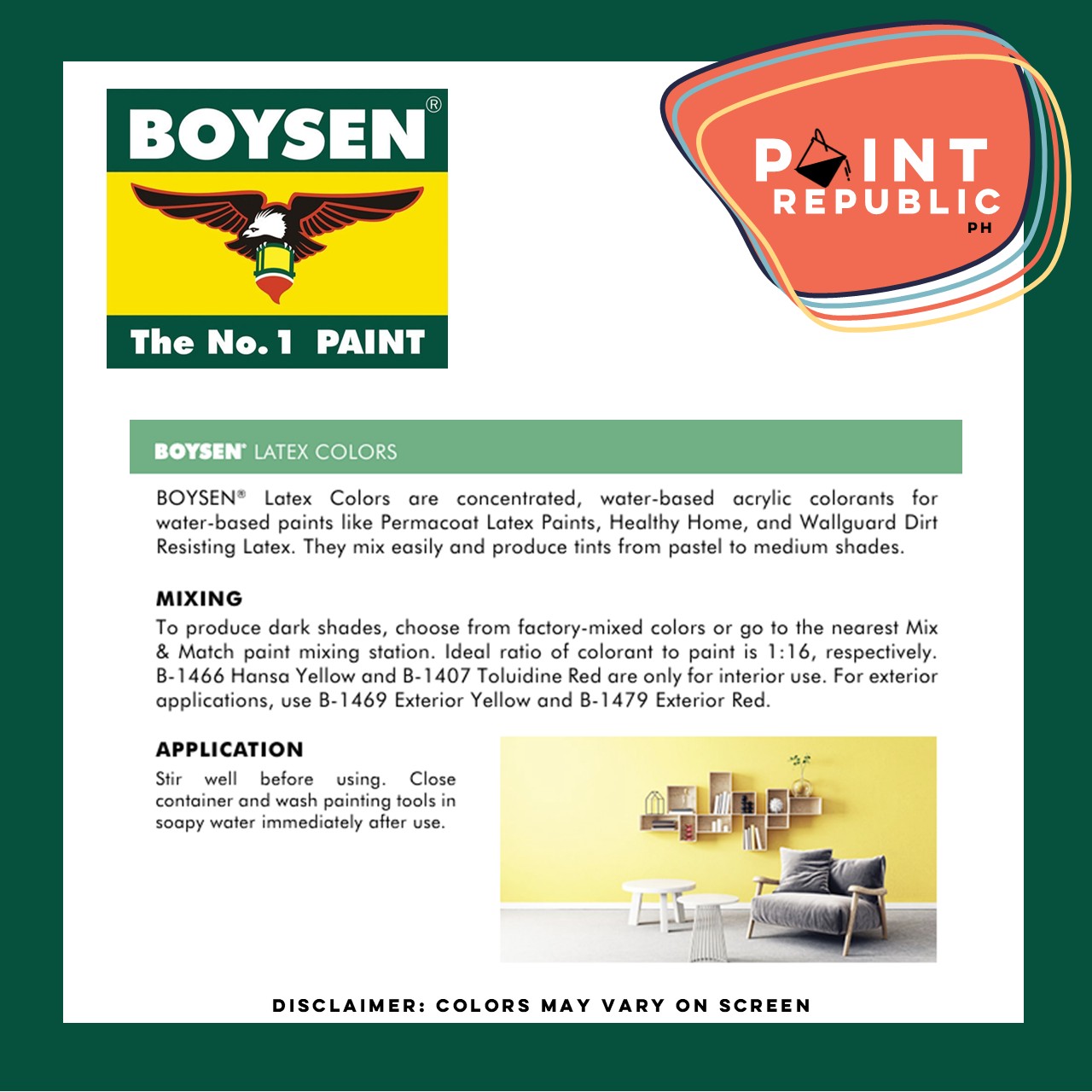 BOYSEN Latex Colors (Acry-color) - Liter and 1/4L Size for Water-based ...